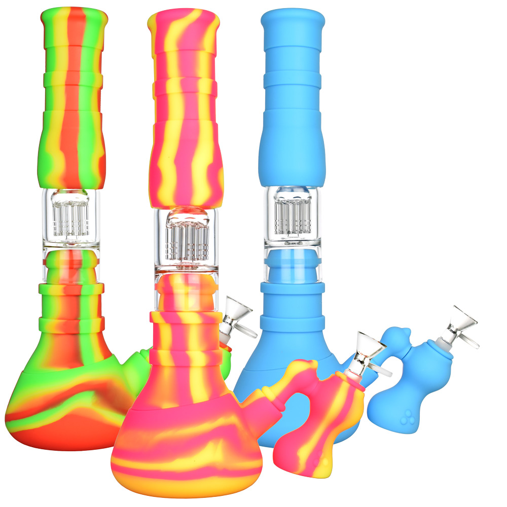 3 Stage Silicone Water Pipe w/ Ash Catch | 14″ - Smokey Shay’s